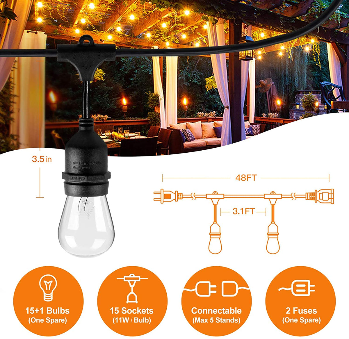 48 FT ADDLON Outdoor String Lights Commercial Grade Weatherproof Stran ...